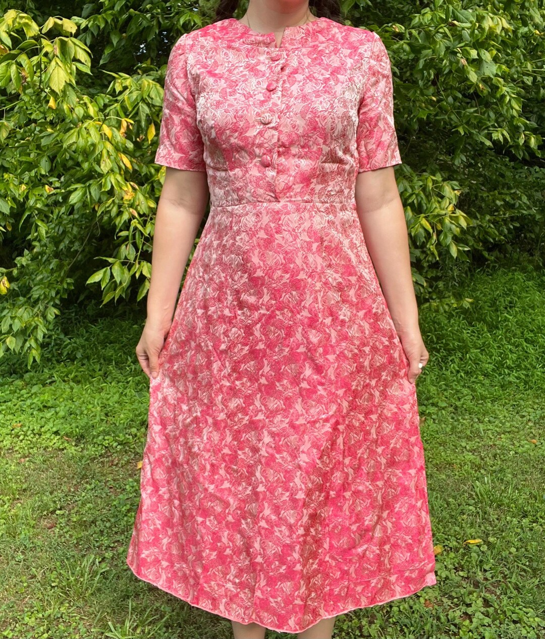 1960s Pink Rose Brocade Midi Dress - Etsy