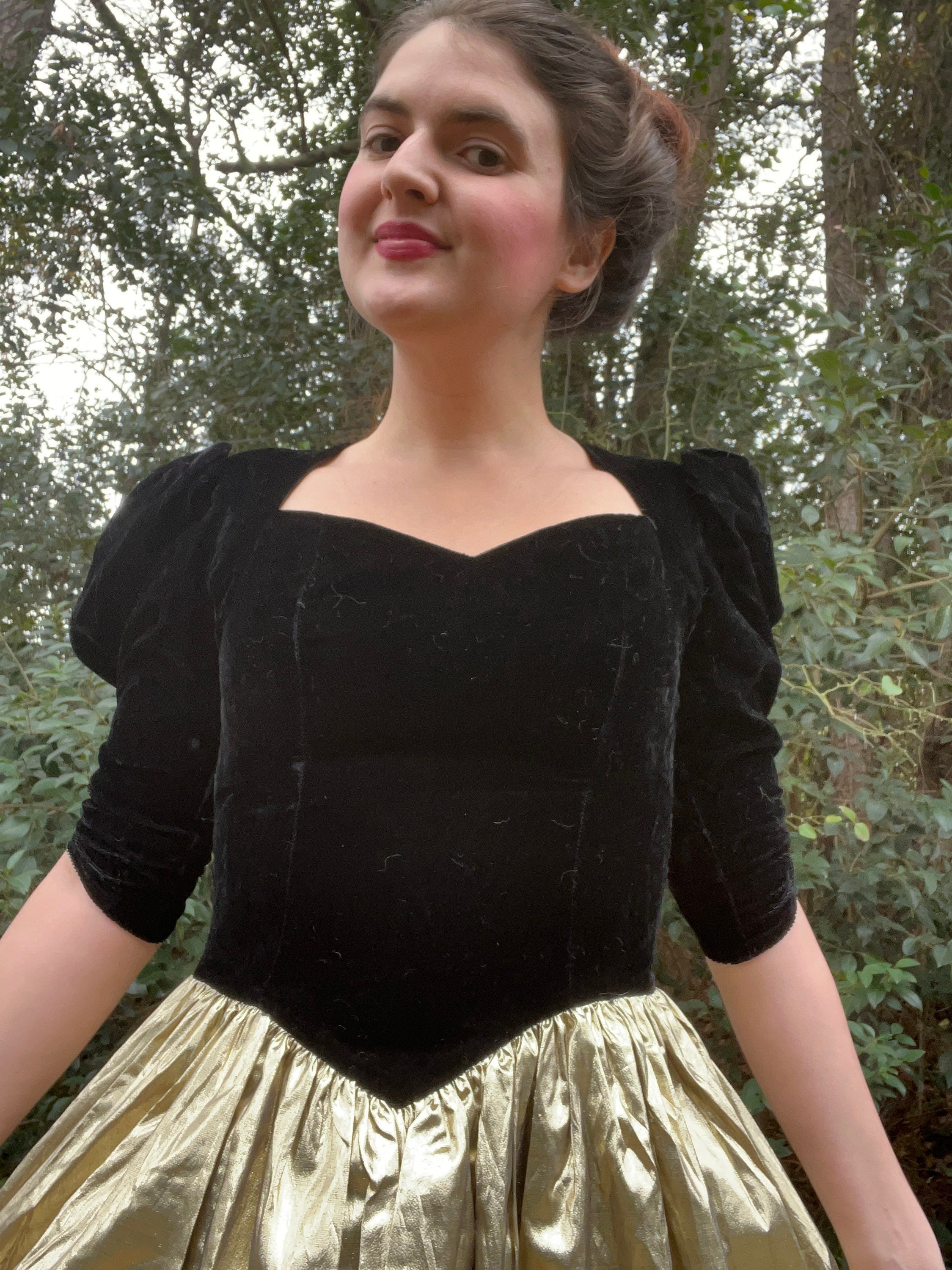 1980s Gunne Sax Party Dress in Black Velvet and Metallic Gold Lamé by ...