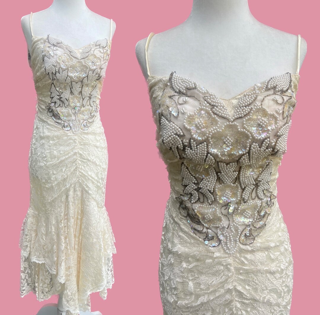 1980s Cache White Lace Party Dress Reception or Wedding Afterparty Sequined Ruched Mermaid Gown ...