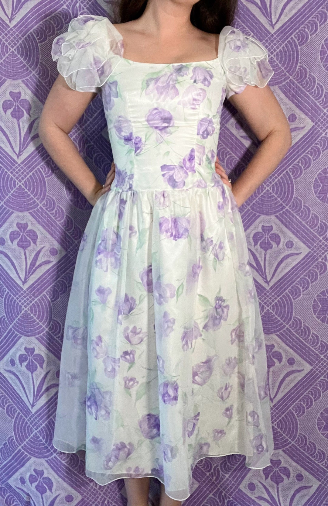 1970s Purple Floral Prom Dress | Midi Length With Statement Sleeves ...