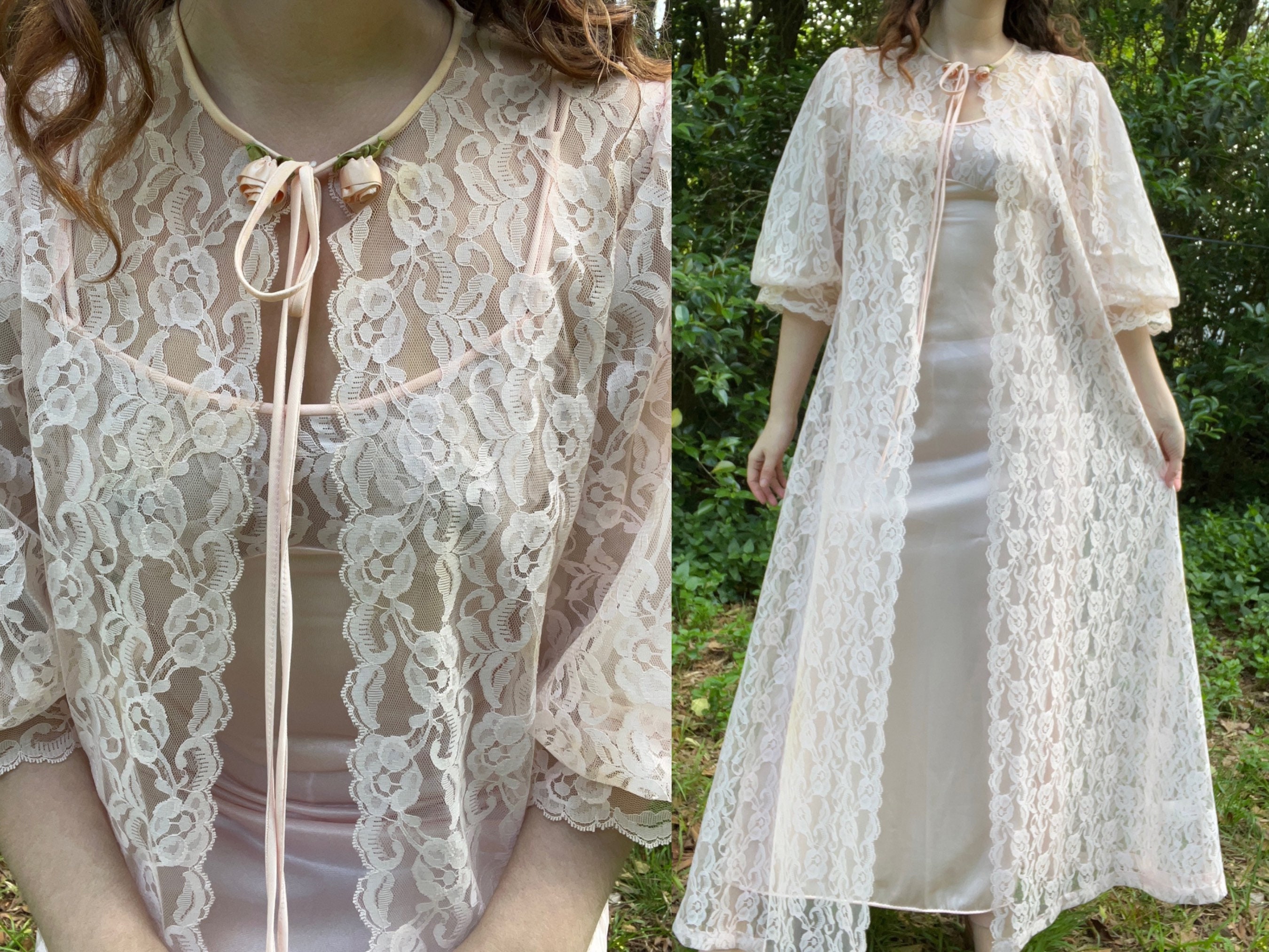 1980s Light Pink Lace Peignoir Set With Roses - Etsy