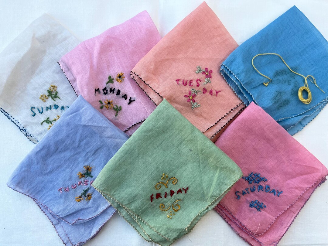 1930s Hand-embroidered Days of the Week Hankies | 30s Handkerchiefs ...