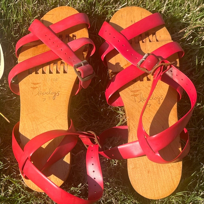 1950s Flexiclogs Sandals in Red | 50s Articulated Wood Shoes | Size 7 ...