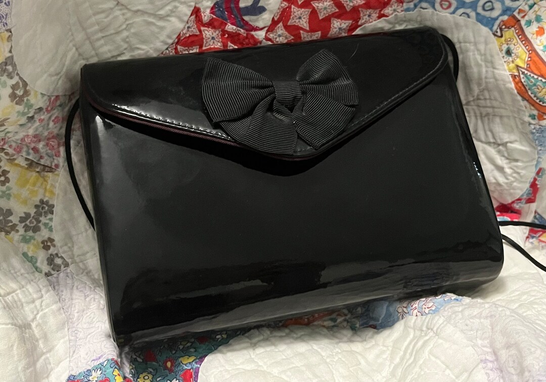 1950s Shiny Black Handbag by Andé | 50s Purse With Long Strap and ...
