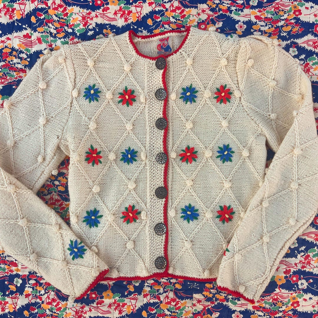 1940s Cream Wool Tyrolean Embroidered Cardigan Sweater | Folk Alpine ...