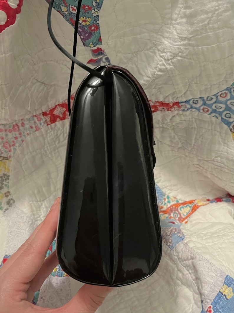 1950s Shiny Black Handbag by Andé | 50s Purse With Long Strap and ...