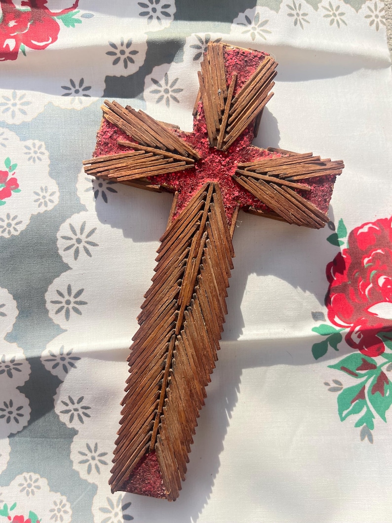 1970s Matchstick Cross With Red Glitter | Vintage Tramp Art - Etsy