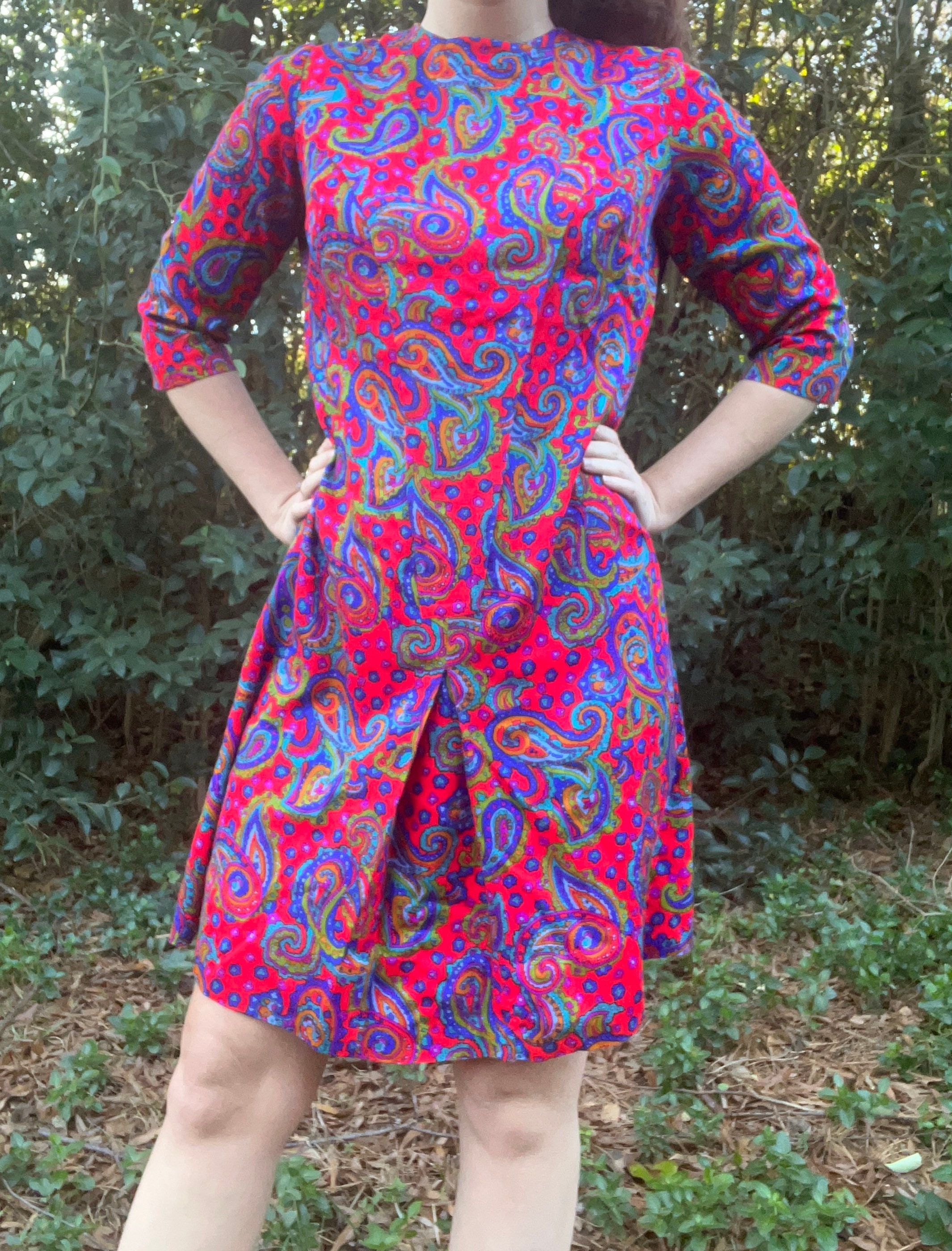 1970s Bright Red Paisley Dress With Inverted Pleat - Etsy