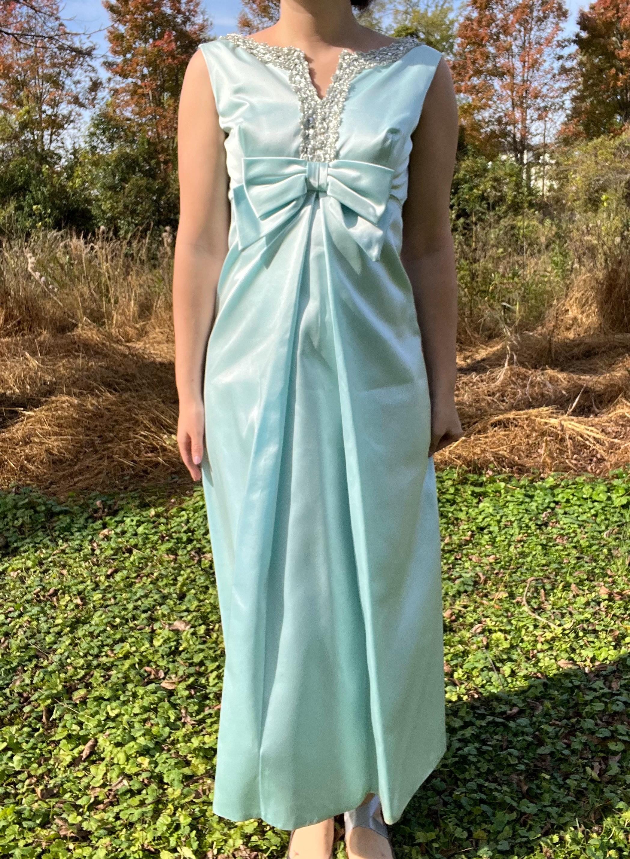 1960s Sky Blue Satin Mod Empire Waist Column Dress With Bow and Silver ...