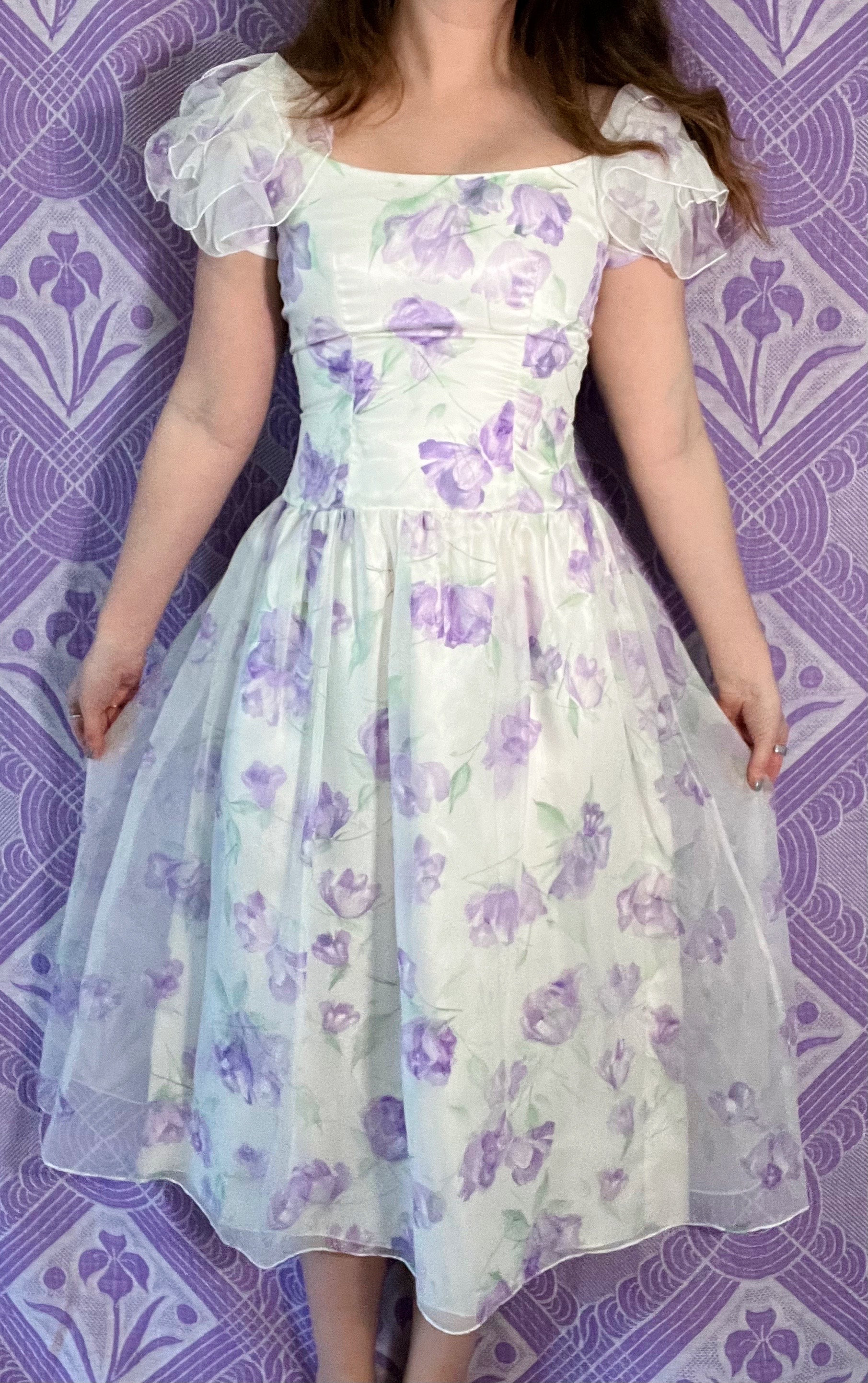 1970s Purple Floral Prom Dress Midi Length With Statement Sleeves House ...