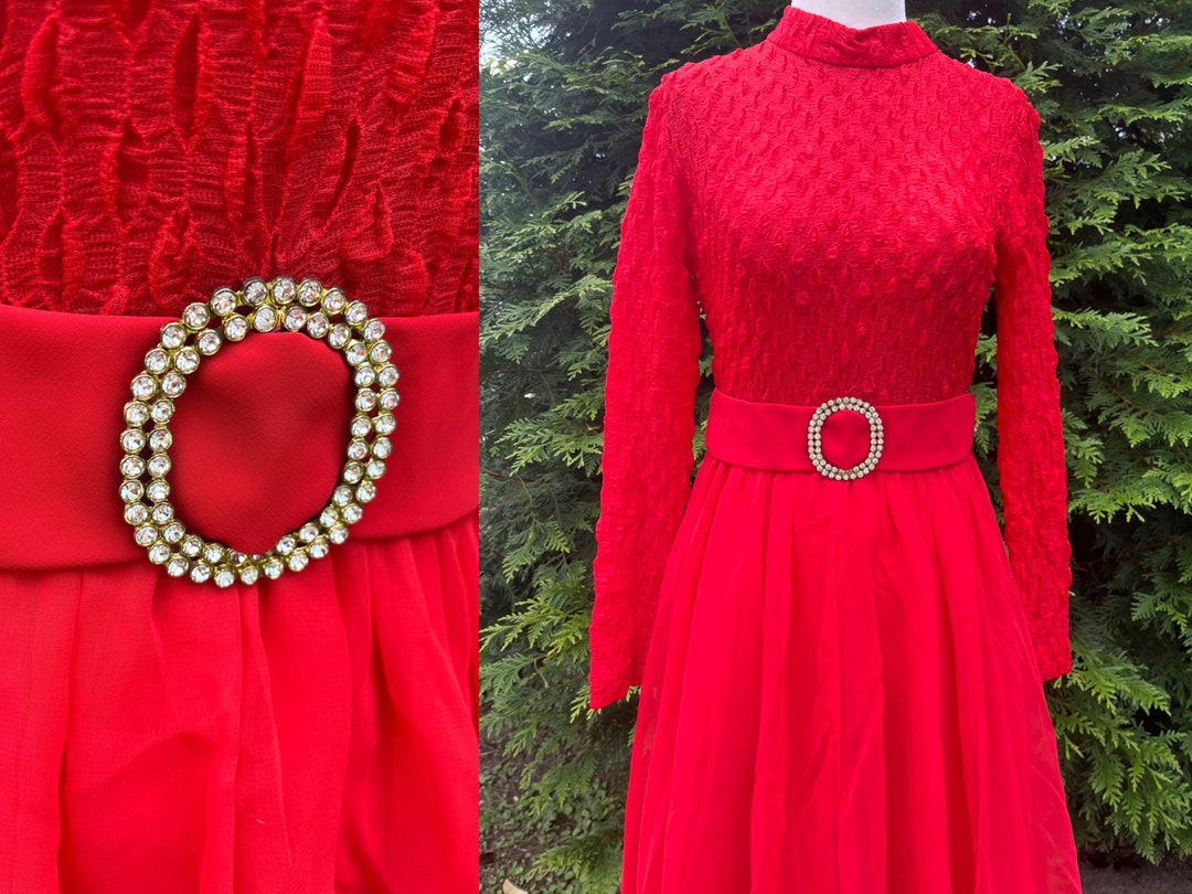 1960s Red Holiday Party Dress With Rhinestone Belt - Etsy