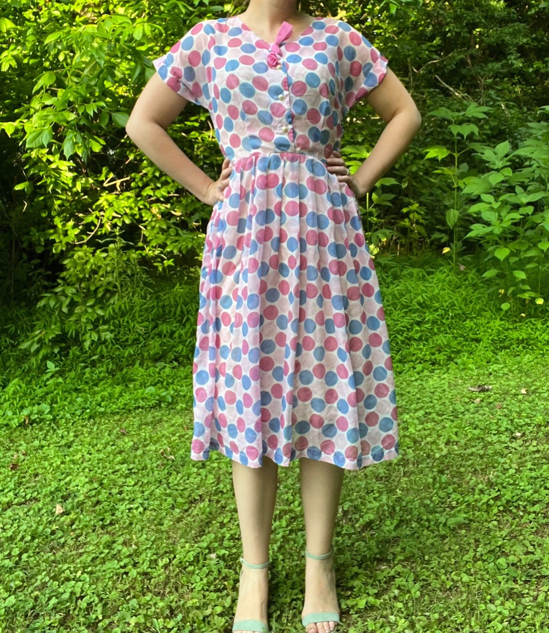 1950s Sheer Pink and Blue Polka Dot Party Dress - Etsy