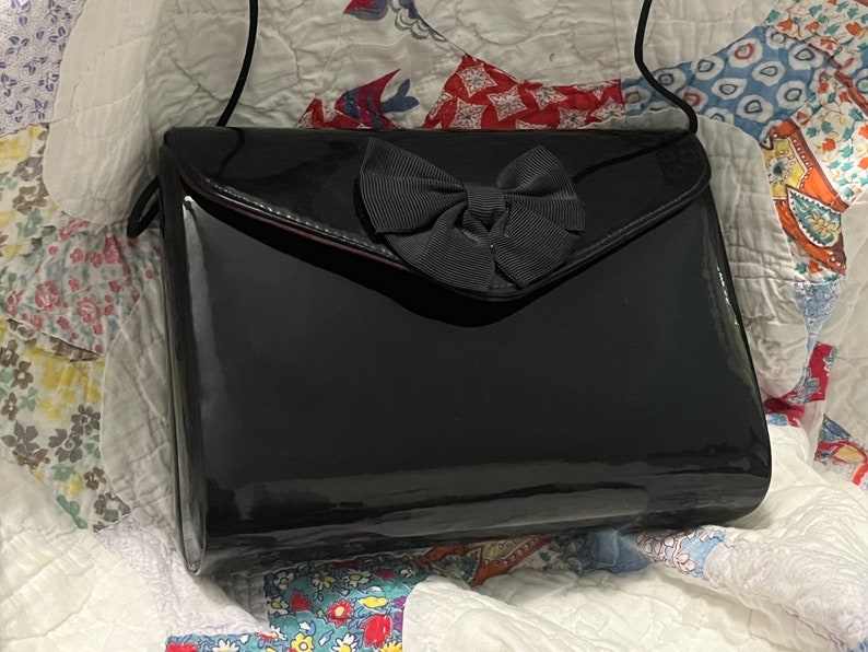 1950s Shiny Black Handbag by Andé | 50s Purse With Long Strap and ...