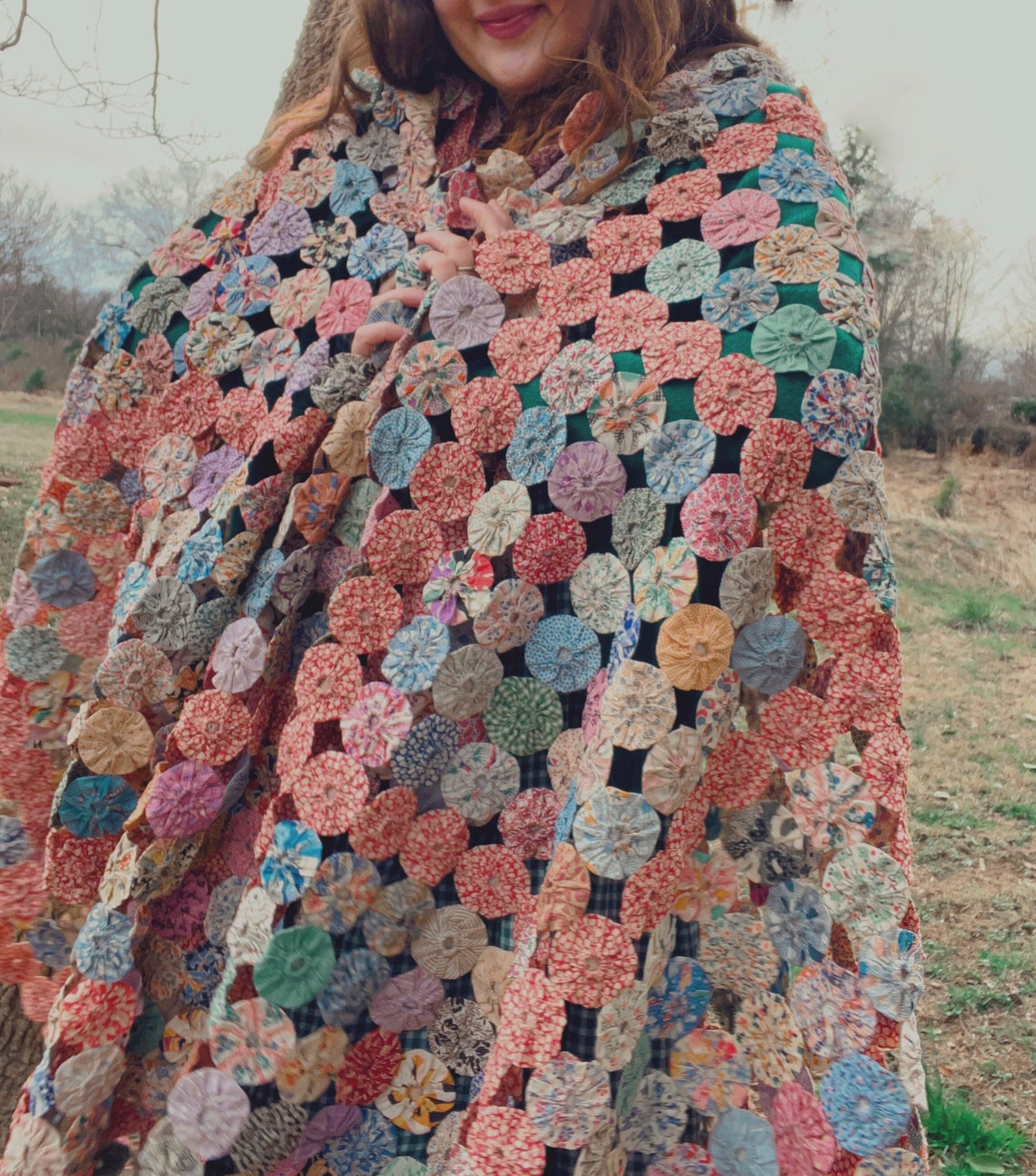 1930s Yo-yo Quilt Cotton Floral Depression Era 30s Twin Bed Cover ...