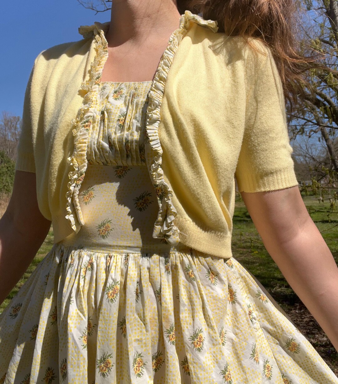 1950s Yellow Floral Sundress With Matching Cardigan | 50s Dress and ...