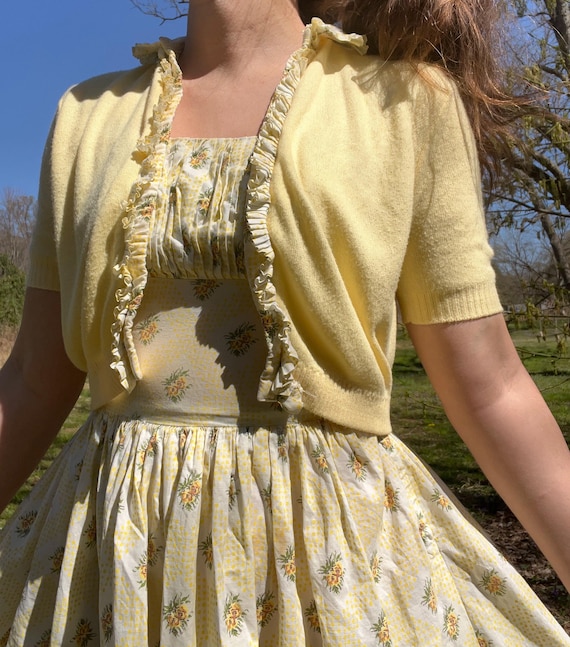 1950s Yellow Floral Sundress with Matching Cardigan |… - Gem
