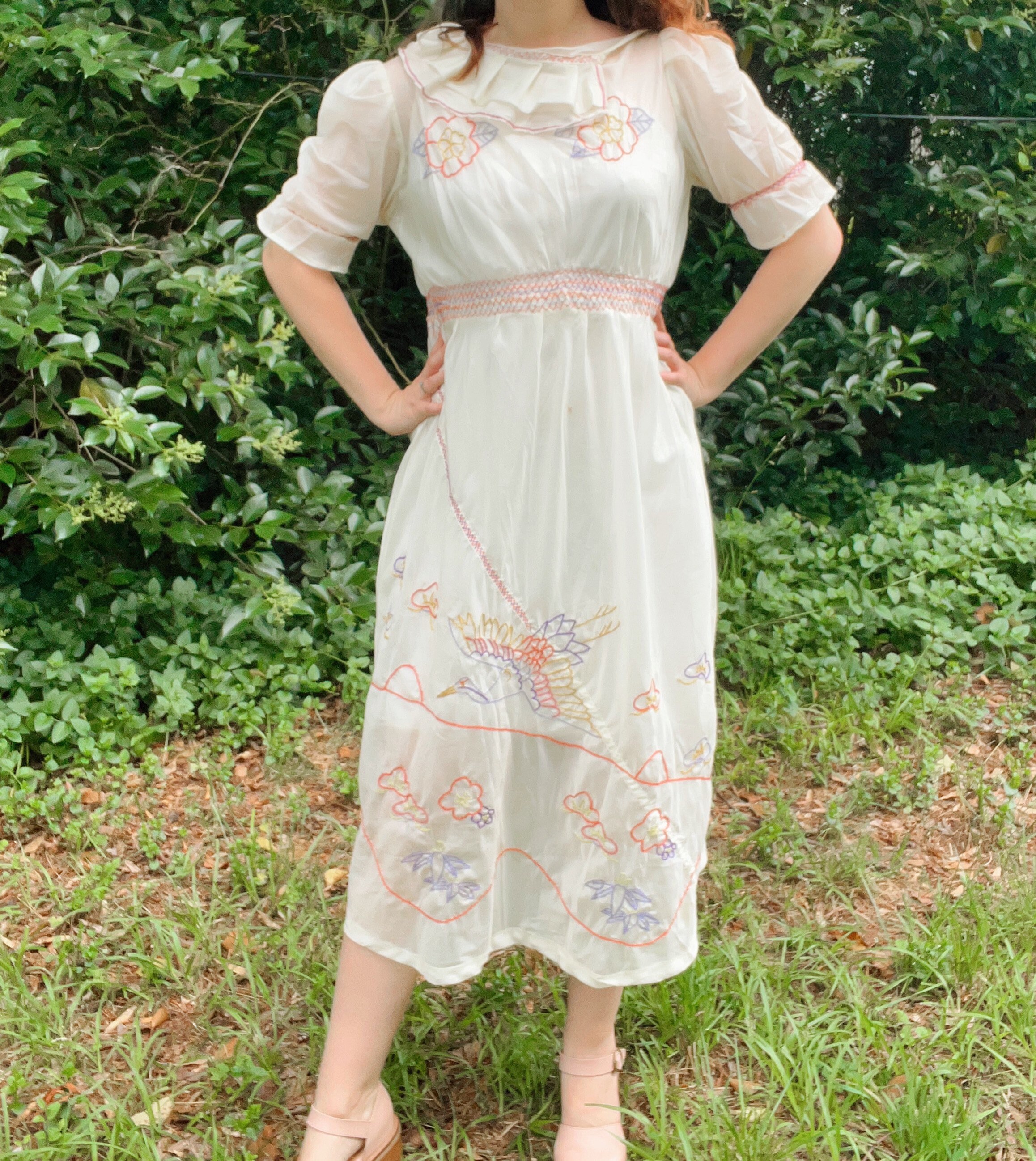 1940s Parachute Silk Dress Embroidered With Bird and Flowers Okinawa ...