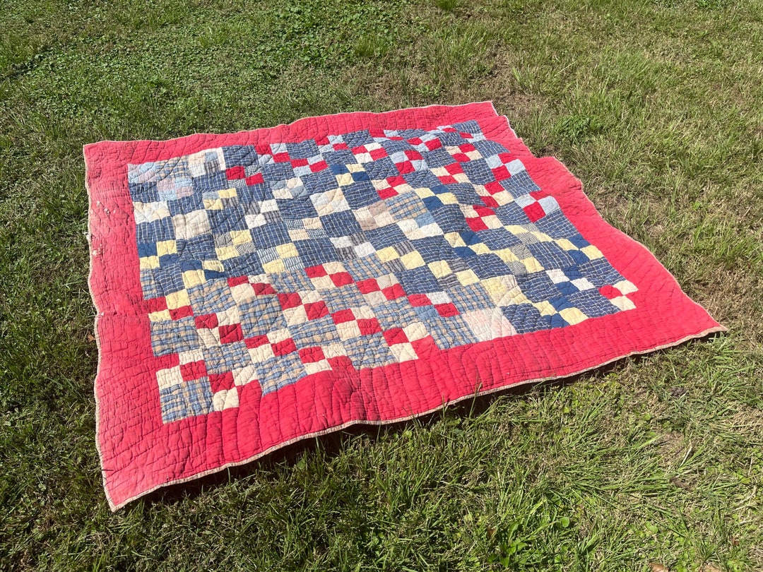 Antique 19th Century Four Patch Quilt | 1800s Red Patchwork Bed Cover ...
