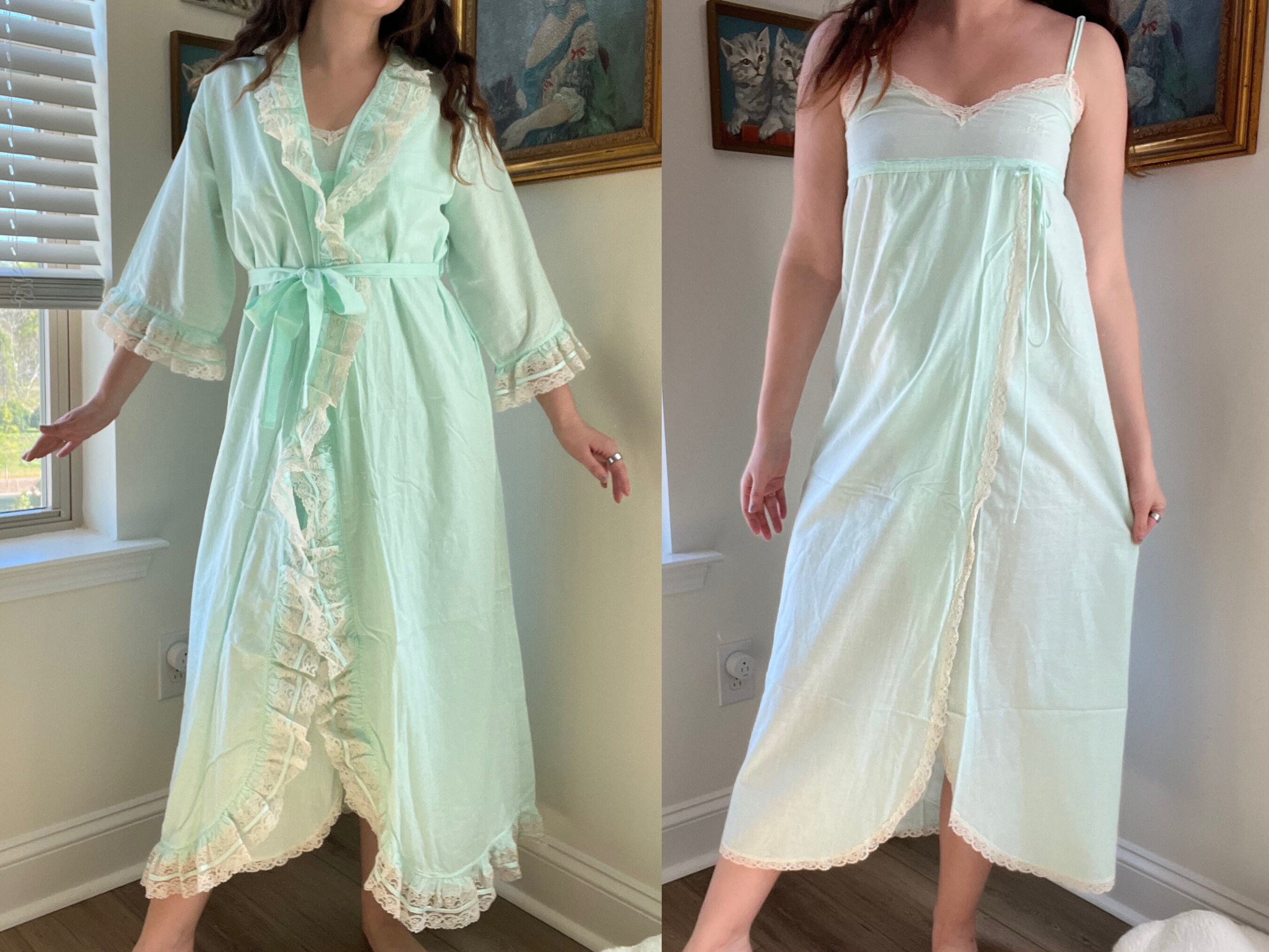 1960s Seafoam Green Cotton Peignoir Set 60s Matching Nightgown and Robe ...