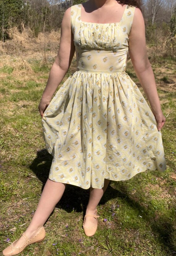 1950s Yellow Floral Sundress with Matching Cardigan |… - Gem
