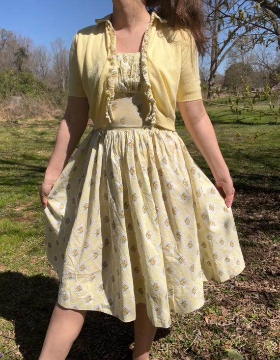 1950s Yellow Floral Sundress with Matching Cardigan |… - Gem