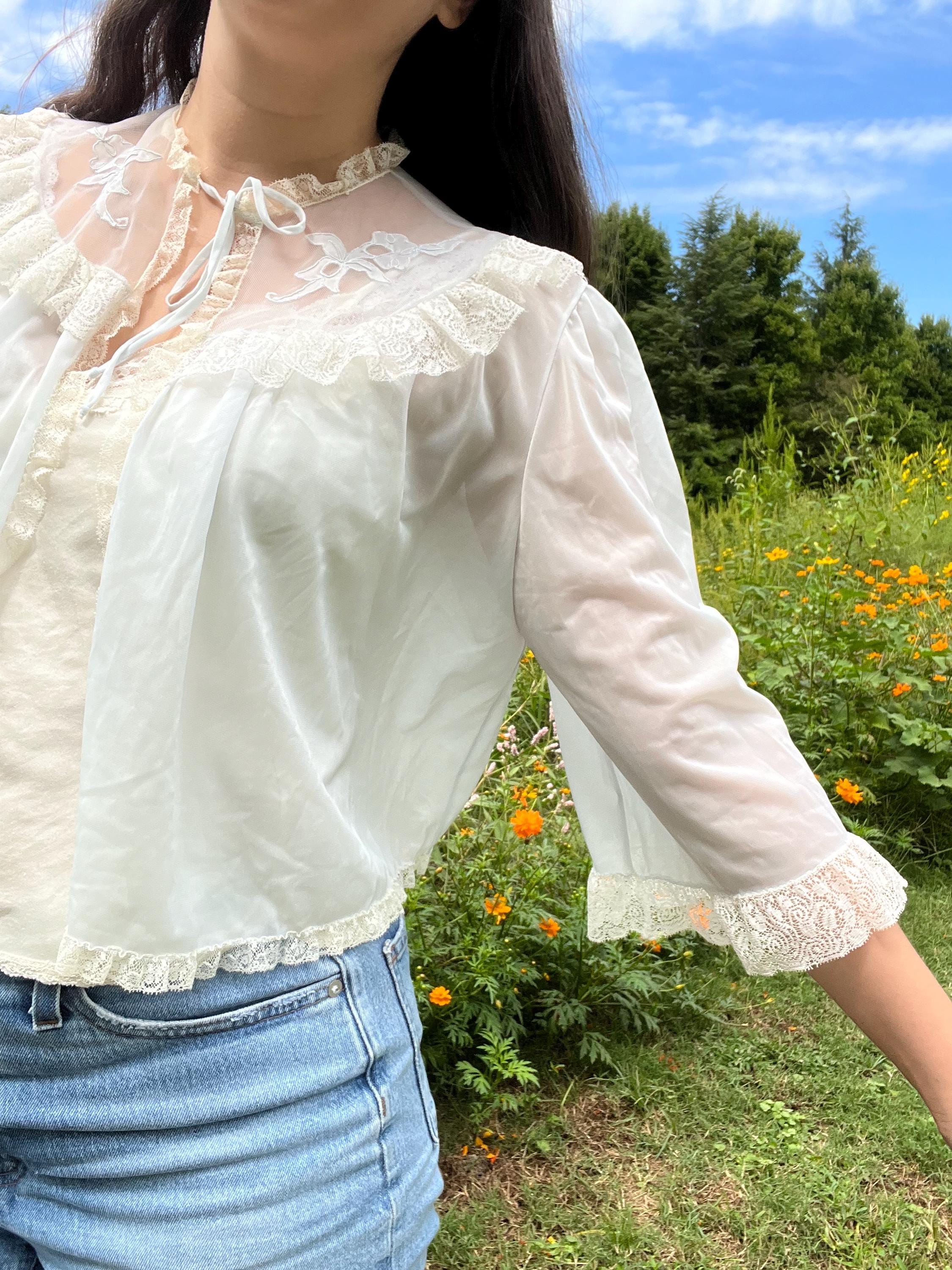 1950s Light Blue Nylon Bed Jacket With Lace Trim and Floral Appliqués ...