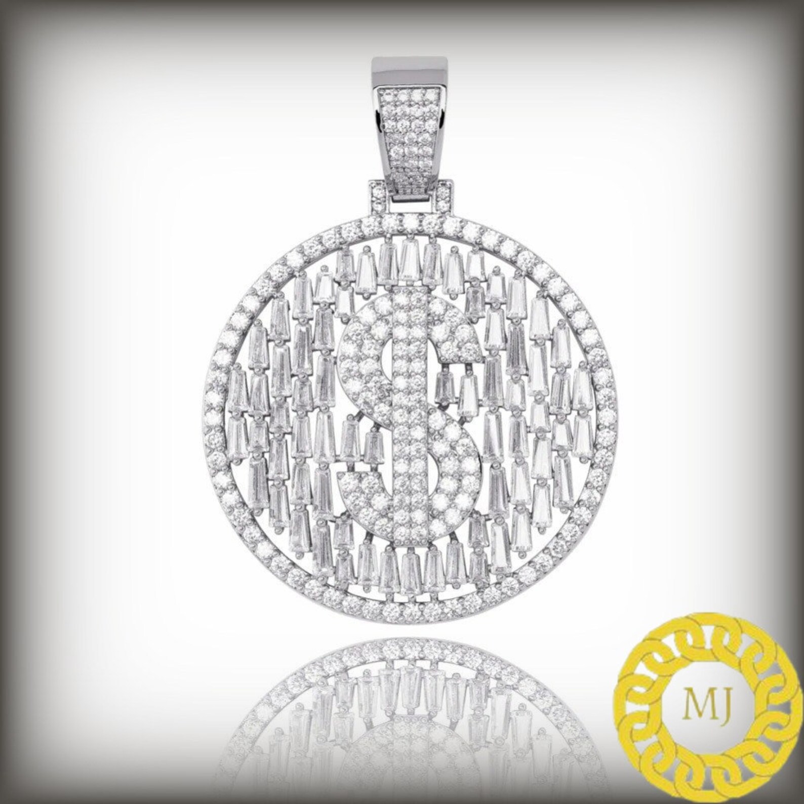 Men's Solid 925 Sterling Silver Iced Out Dollar Sign Money Pendant ...