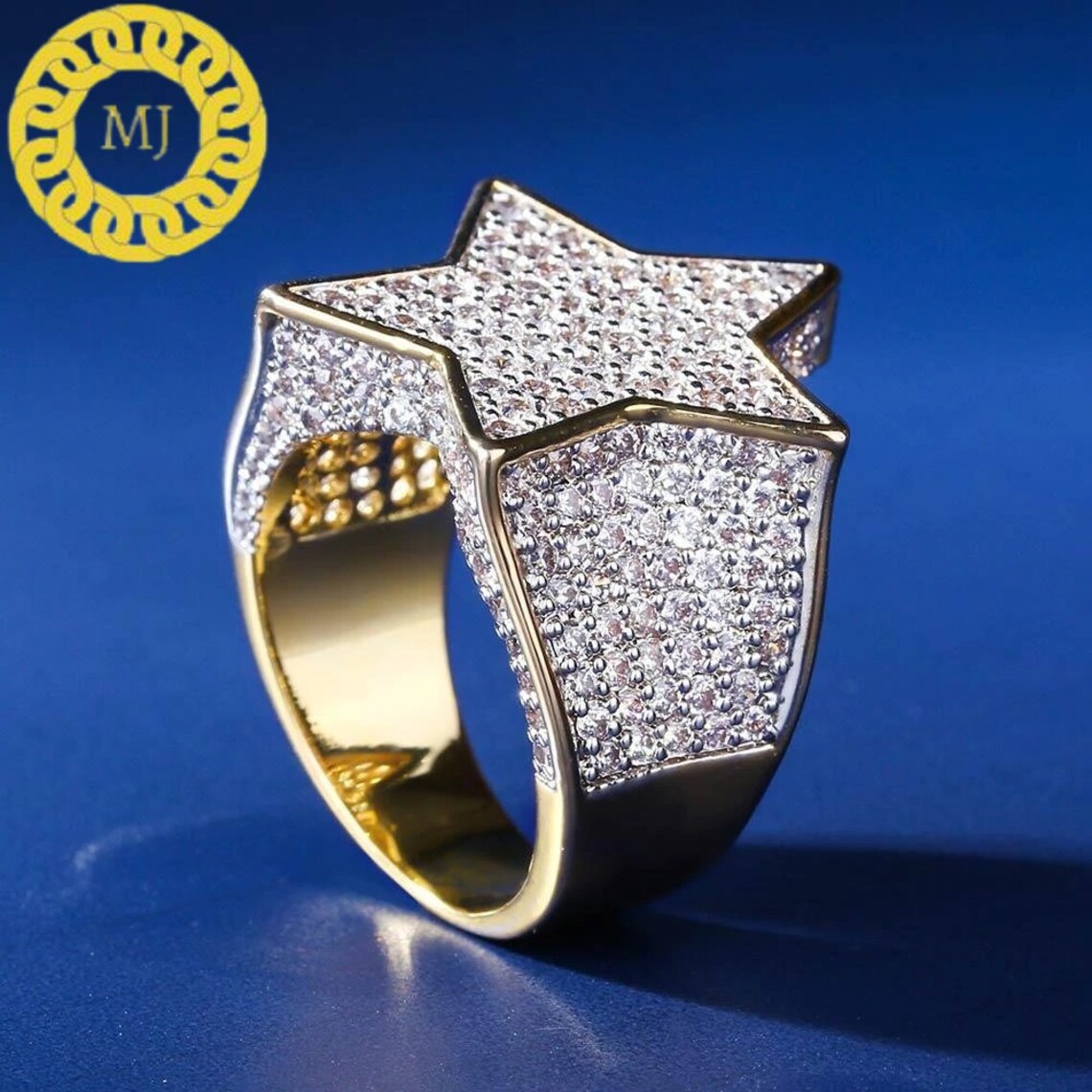 Mens Sterling Silver Iced Out Star Ring Moissanite Diamond Ring Hip Hop ...