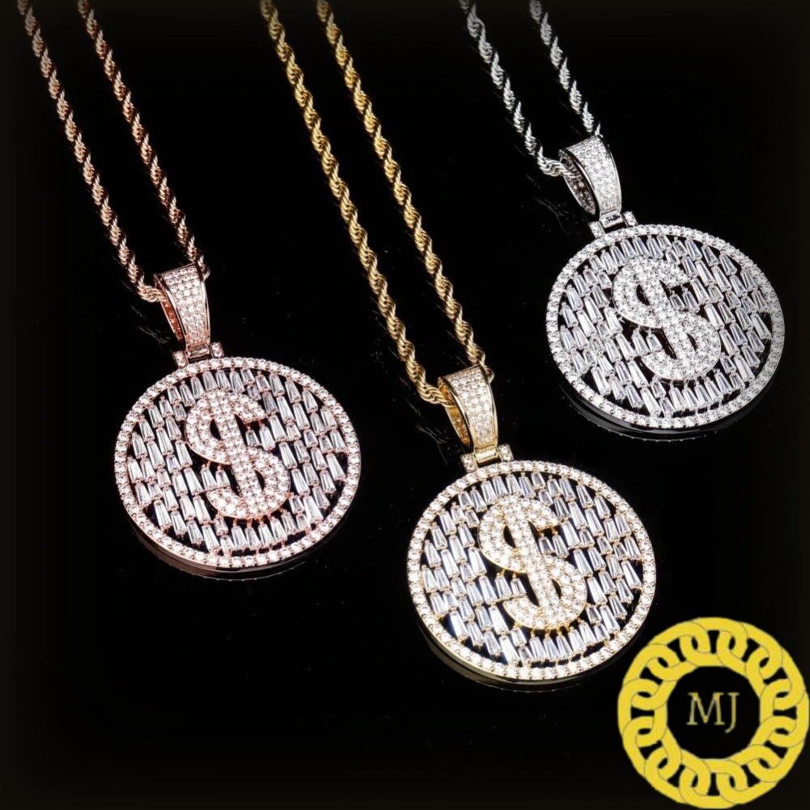 Men's Solid 925 Sterling Silver Iced Out Dollar Sign Money Pendant ...