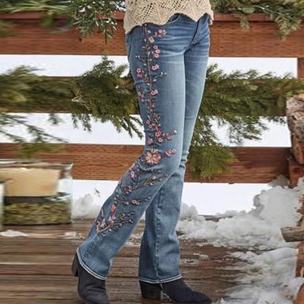 Embroidered Jeans Etsy