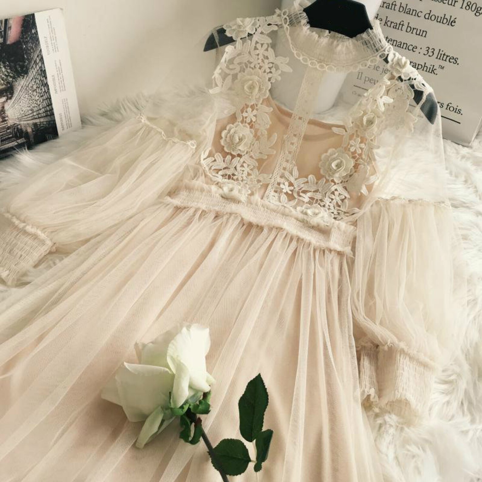 Floral Embroidery Dress Lace Flower Dress Lantern Sleeve - Etsy