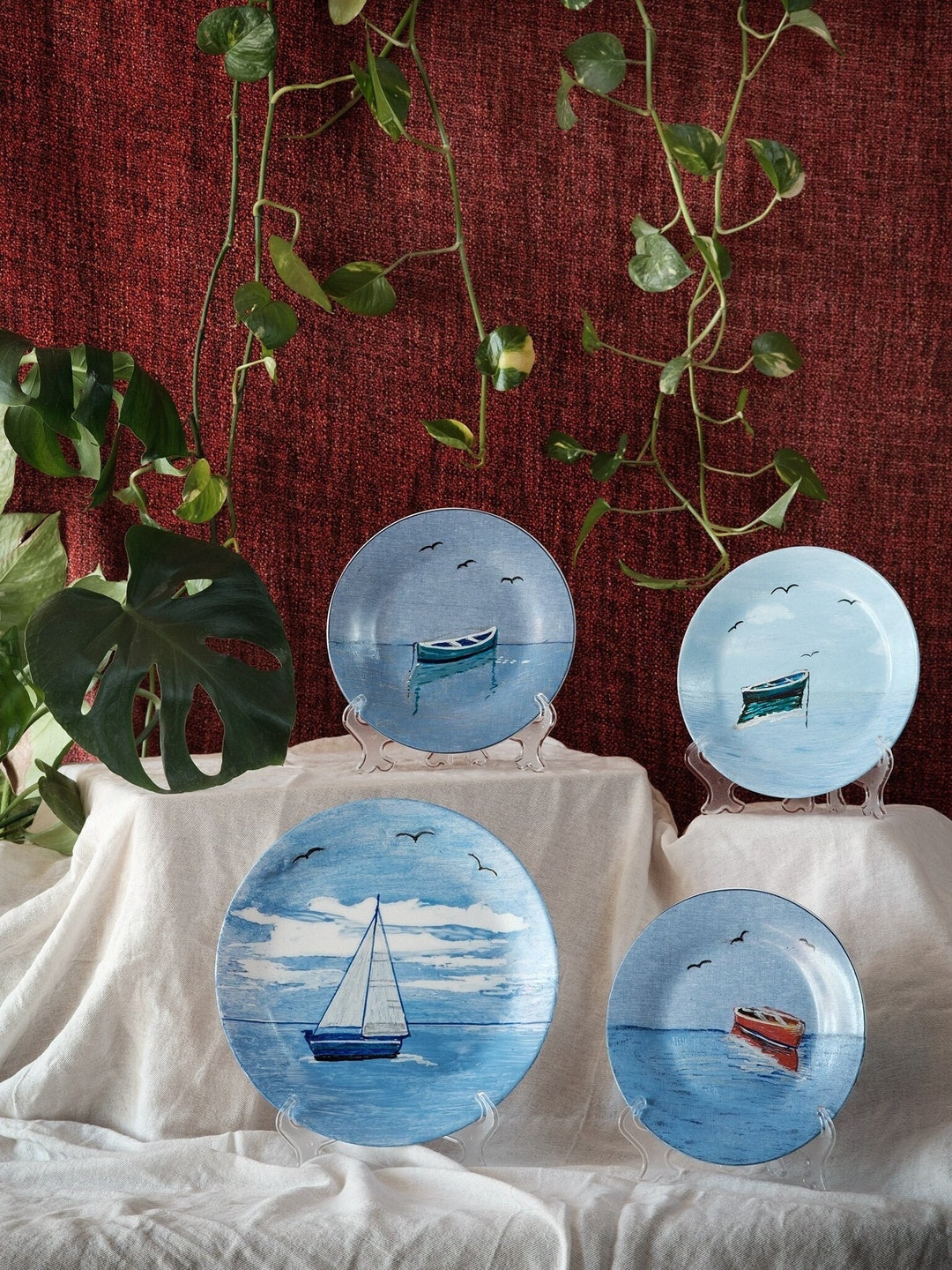 Decorative Wall Plates W/ Fishing Boat Paintings - Sailboat Wall Decor ...