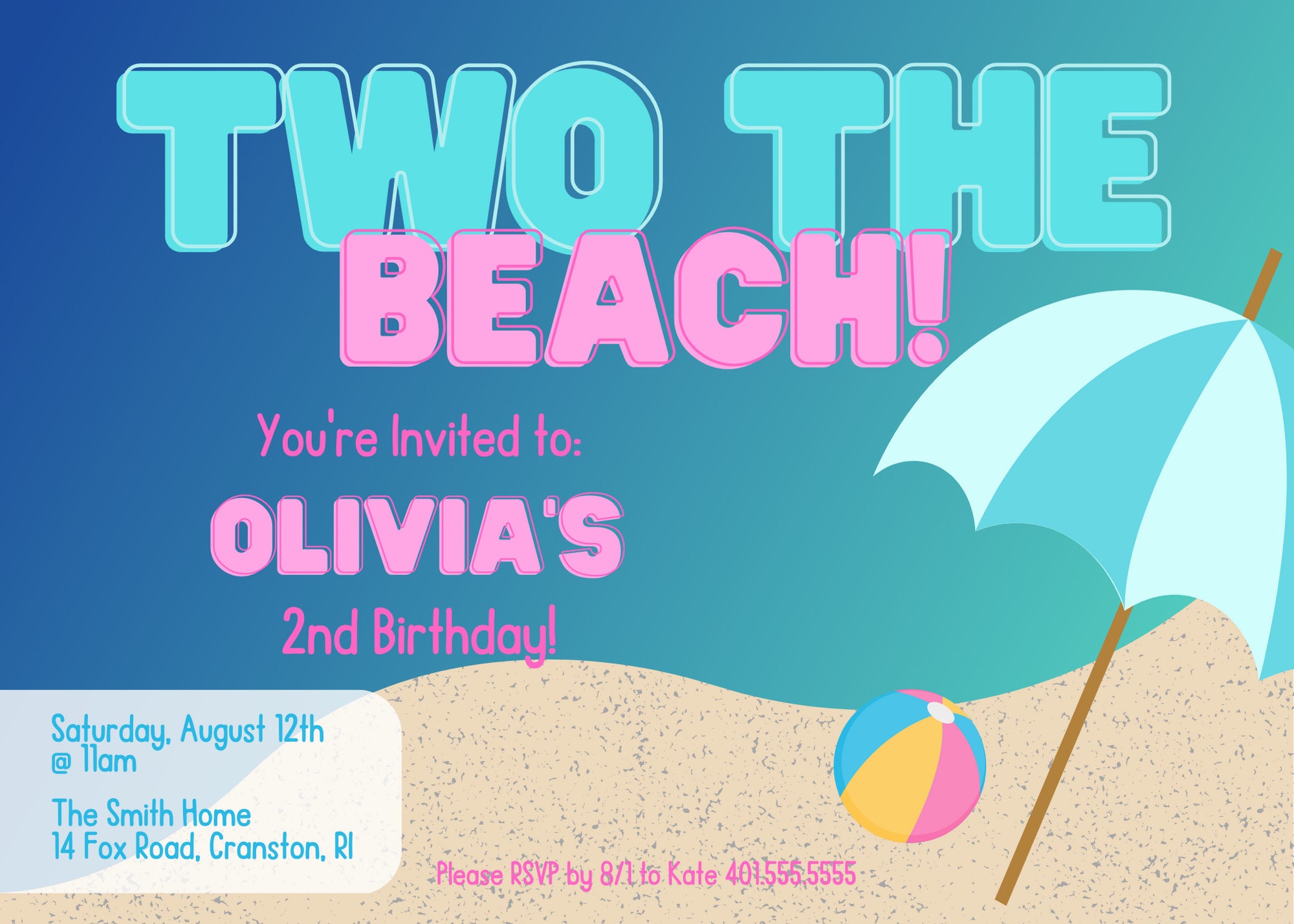 Beach Birthday Party, Two the Beach, Birthday Party Invite, Invitation ...