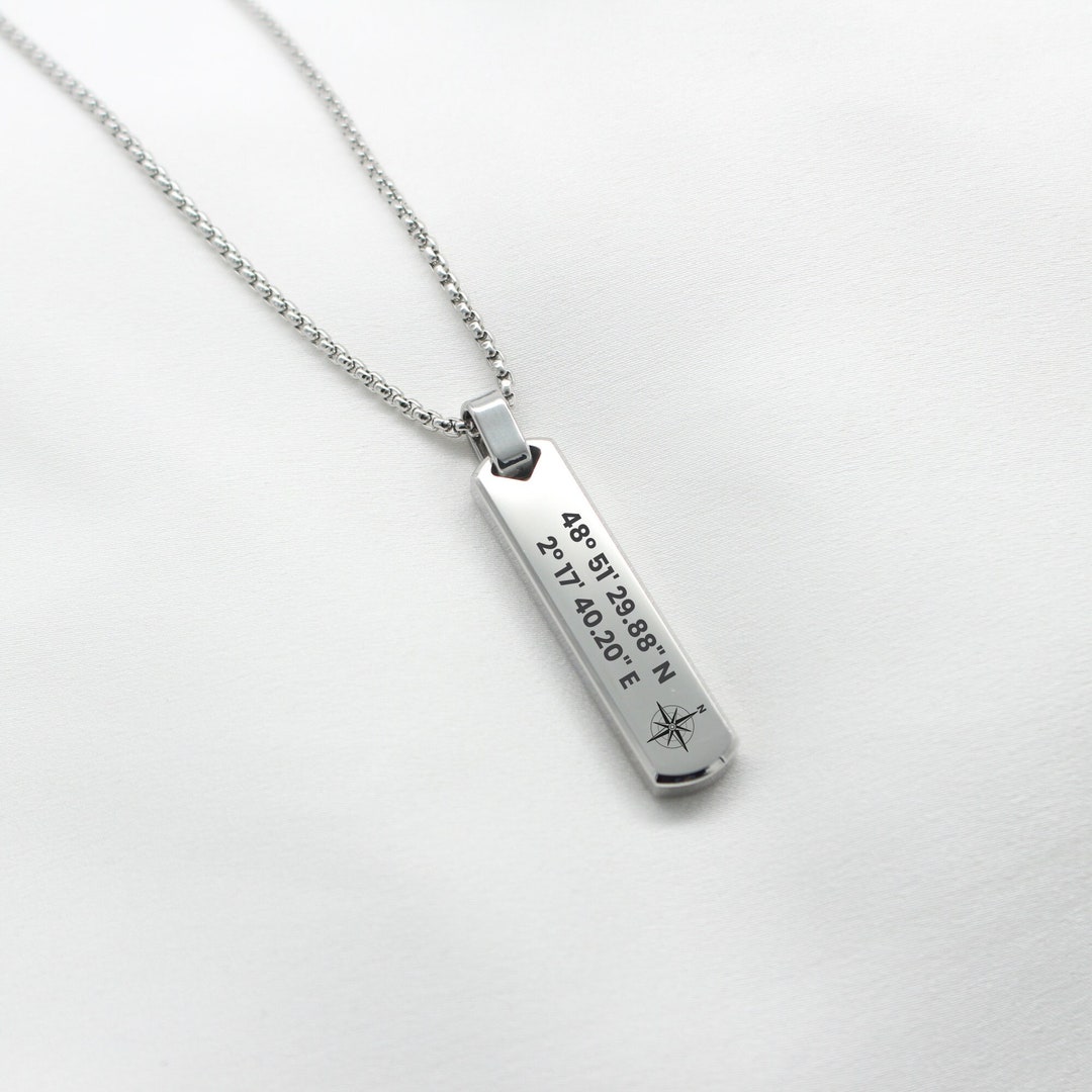 Personalized Necklace Engraved GPS Coordinates Man Woman, Jewelry ...