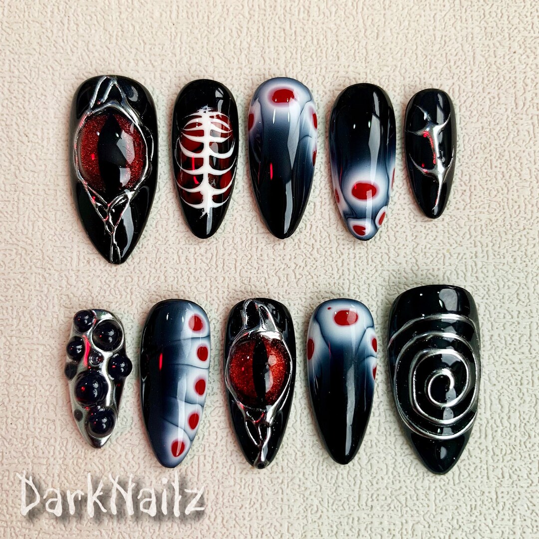 Custom Red Eye Press on Nails: Gothic Skeleton Y2K Black Fake Nails - Etsy