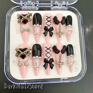Cool Black Heart Gothic Cross Acrylic Press on Nails, Pink Ribbon Y2K ...