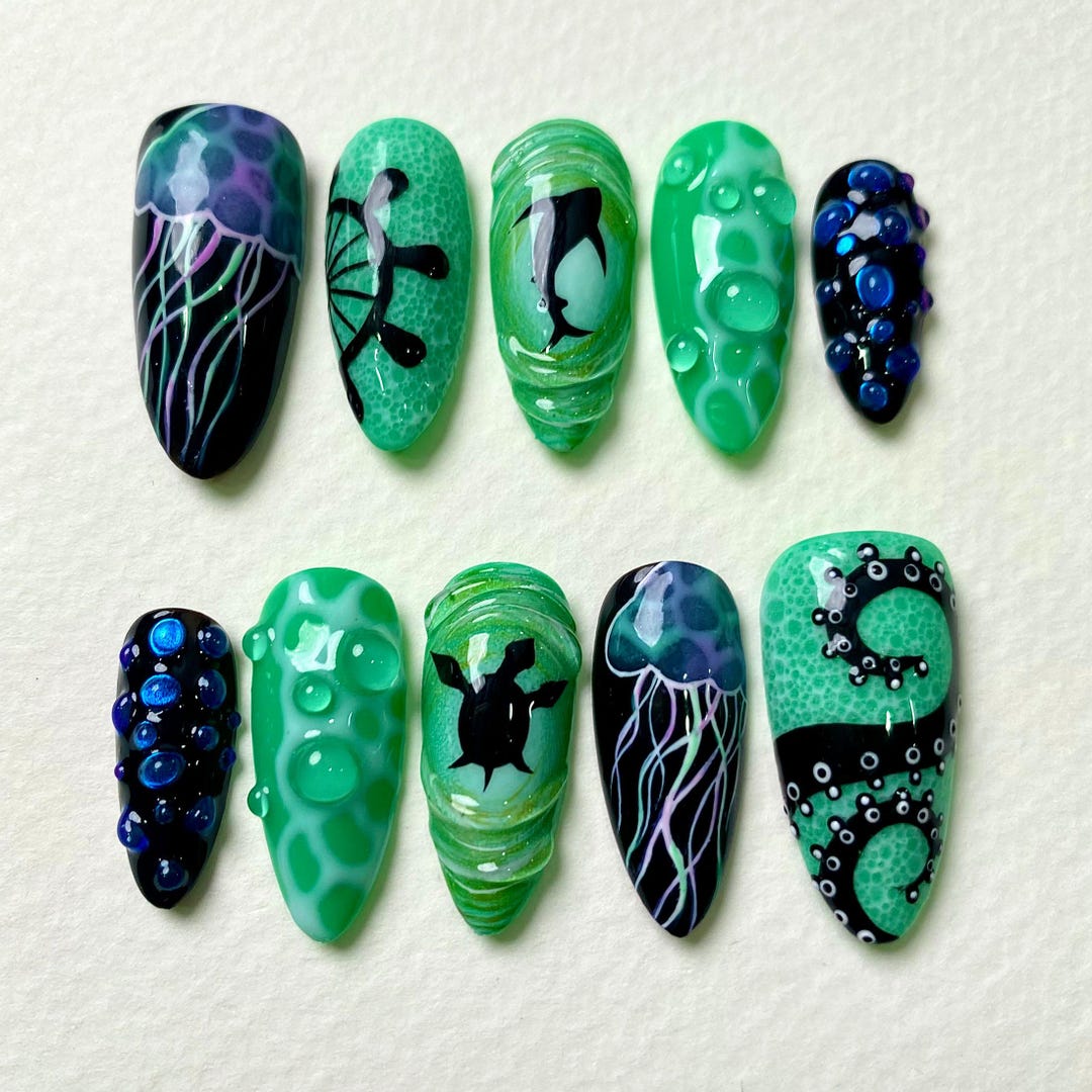 Dark Deep Ocean Creature Press on Nails – Summer Shark Jellyfish Nail ...