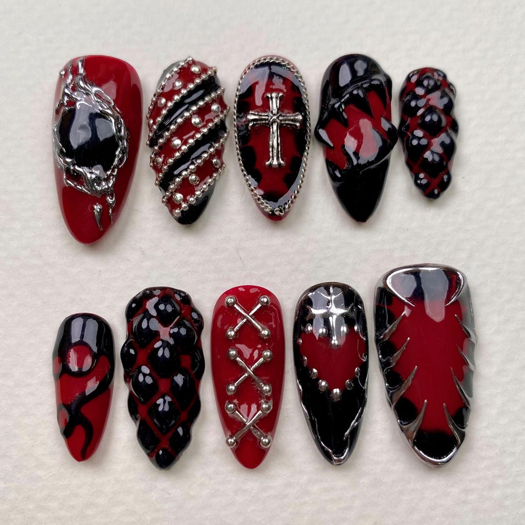 Custom Gothic Red Black Press on Nails – Punk Chain, 3D Metal, Handmade ...