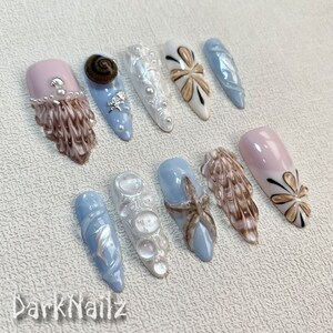 Custom Pink Blue Sea Press on Nails, Starfish Snails Shells Spring ...