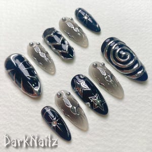 Custom Dark Press on Nails, Gothic Punk Rock Black Fake Nails ...