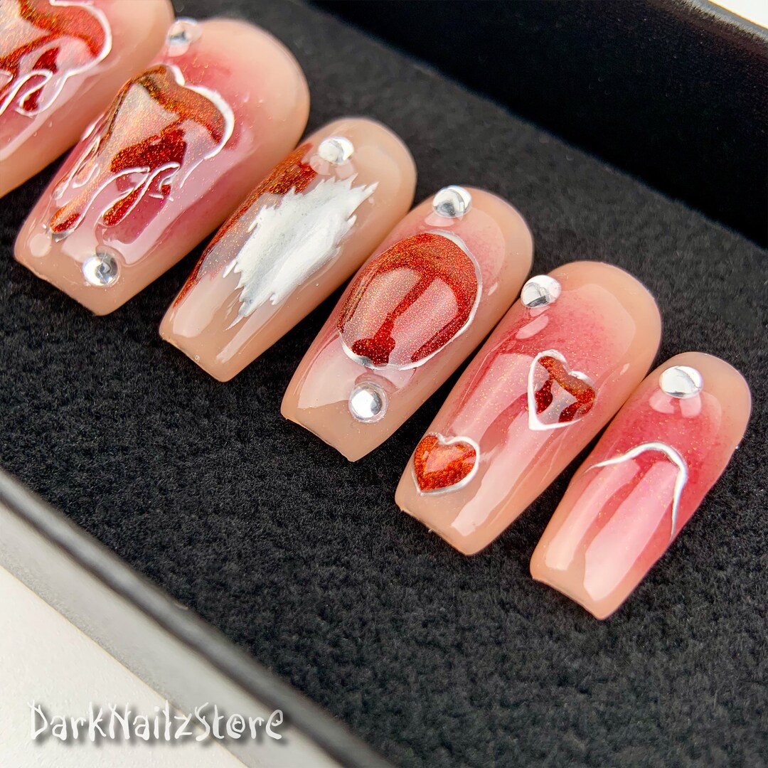 Y2K Pink Red Hearts Valentines Press on Nails Darknailz False Nails ...