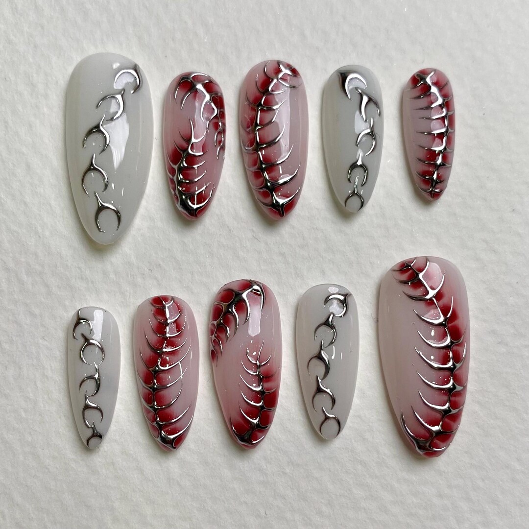 Custom Pink and Red Centipede Press on Nails, Gothic Punk Rock Goth ...
