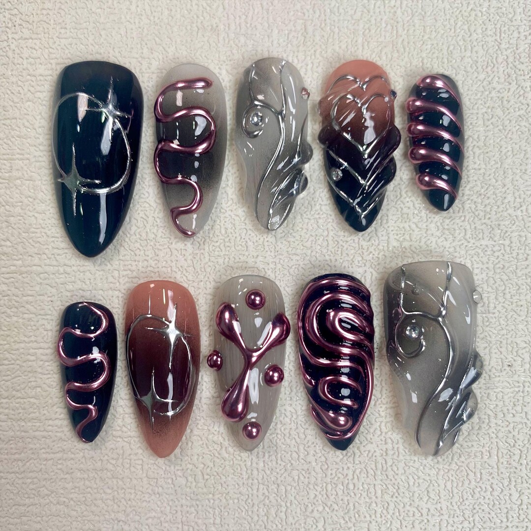 Gothic Punk Rock Press on Nails: Dark Pink Chrome Mirror Effect - Etsy