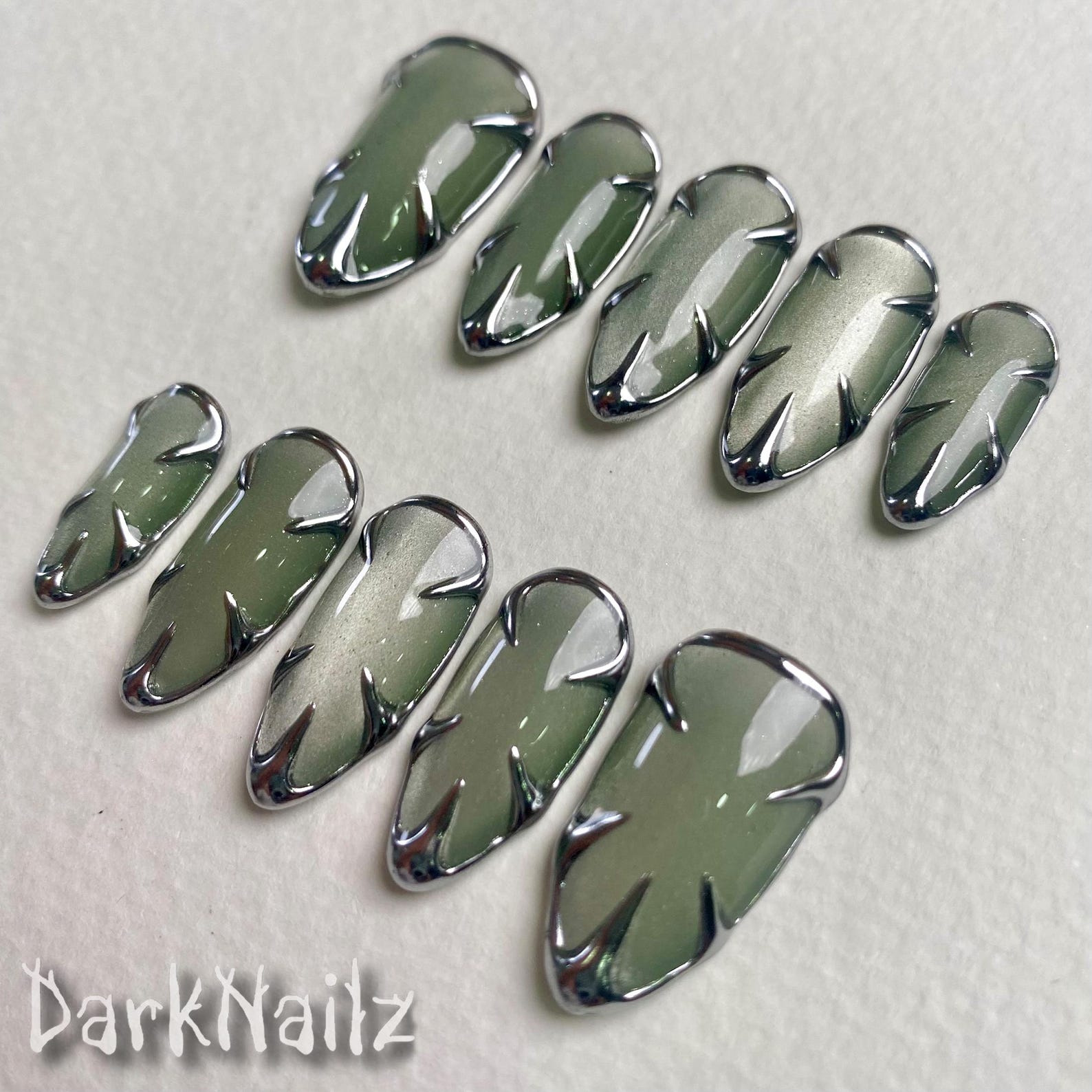 Custom Cat Eye Press on Nails: Soft Green Gothic Silver Chrome - Etsy