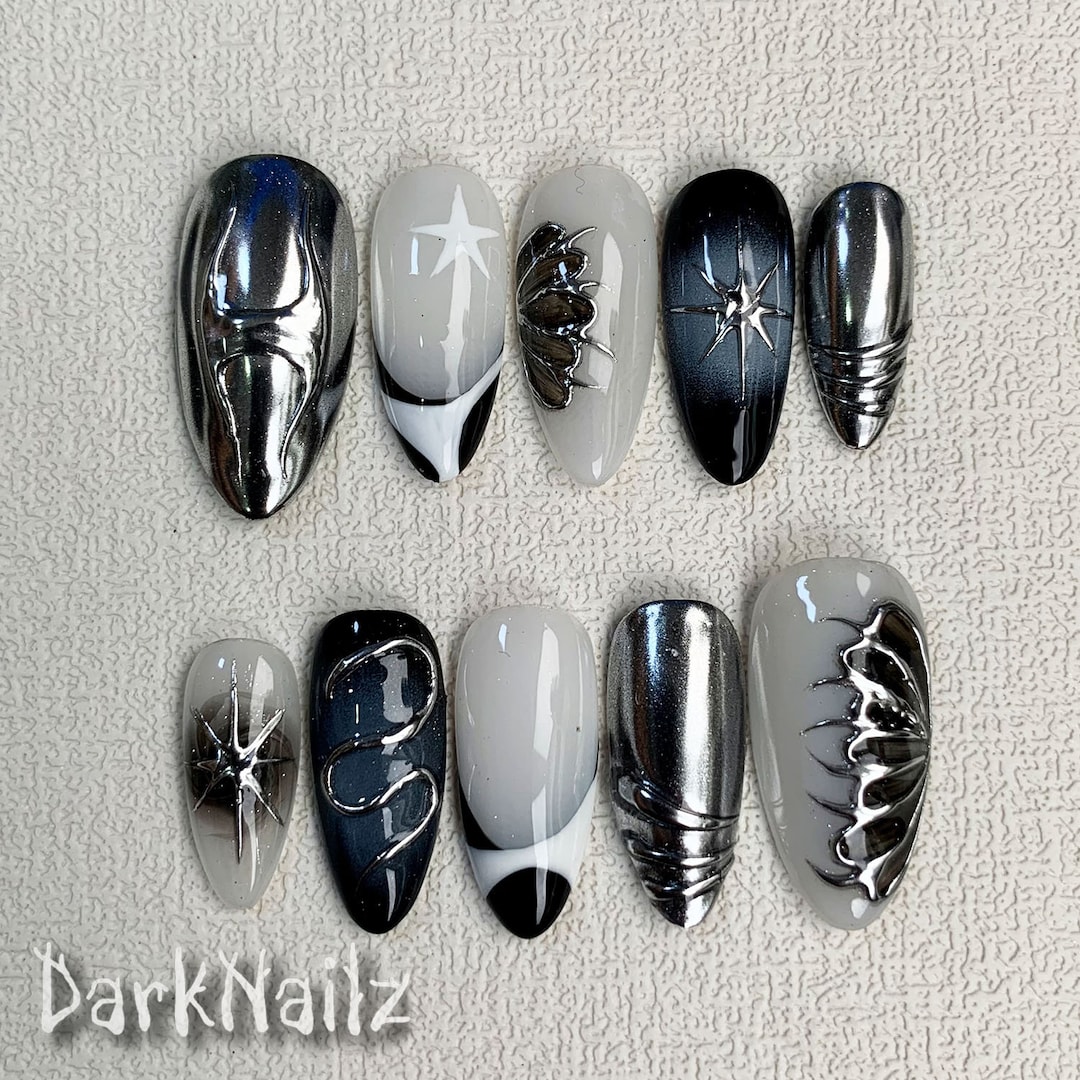 Custom Silver Press on Nails, Gothic Punk Rock Nails, Goth White Y2K ...