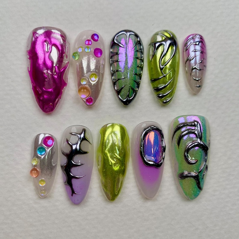 Multicolor Chrome Press on Nails – Iridescent Metallic Nail Art ...