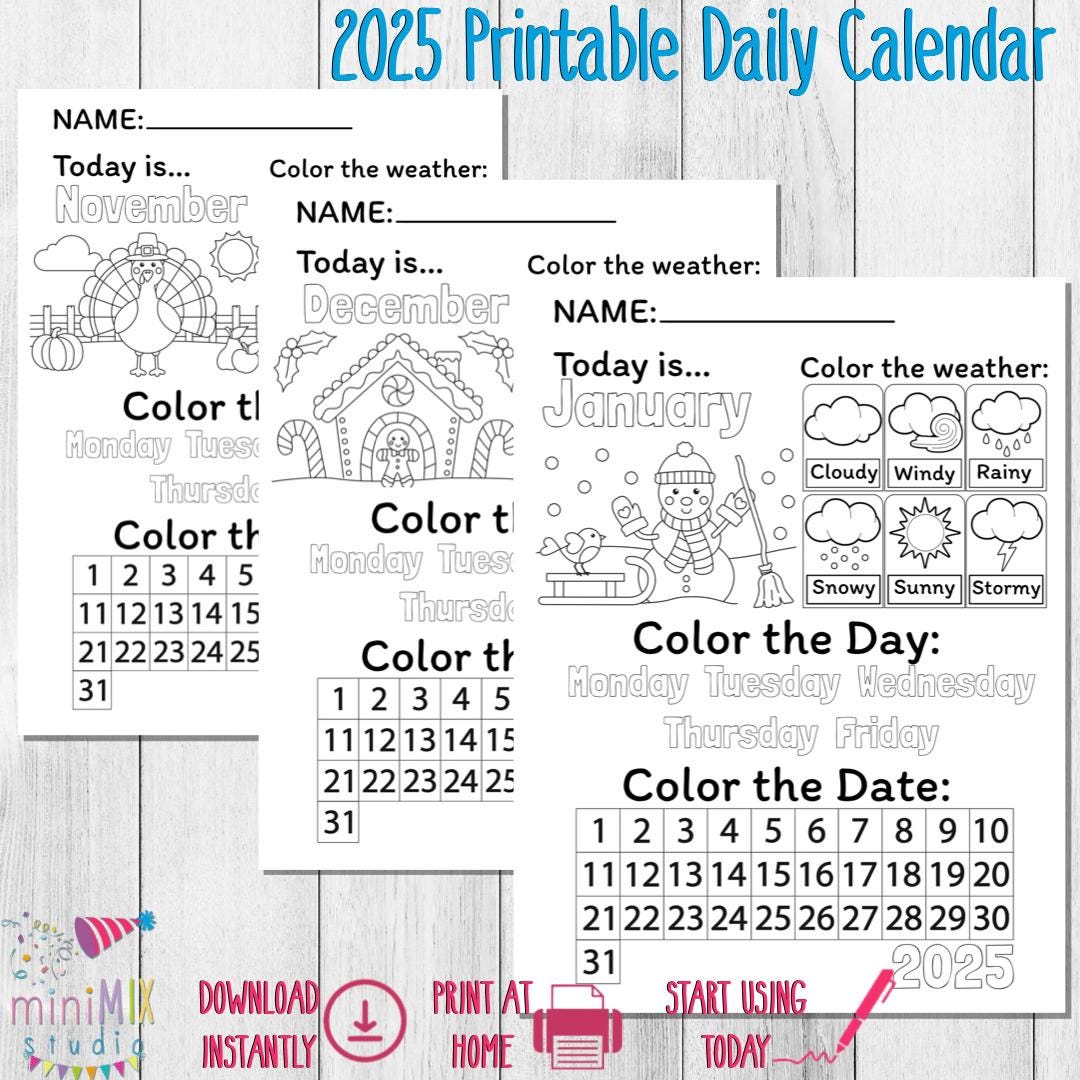 Printable Daily Calendar - Pages - Worksheets - Kids - Instant Download ...