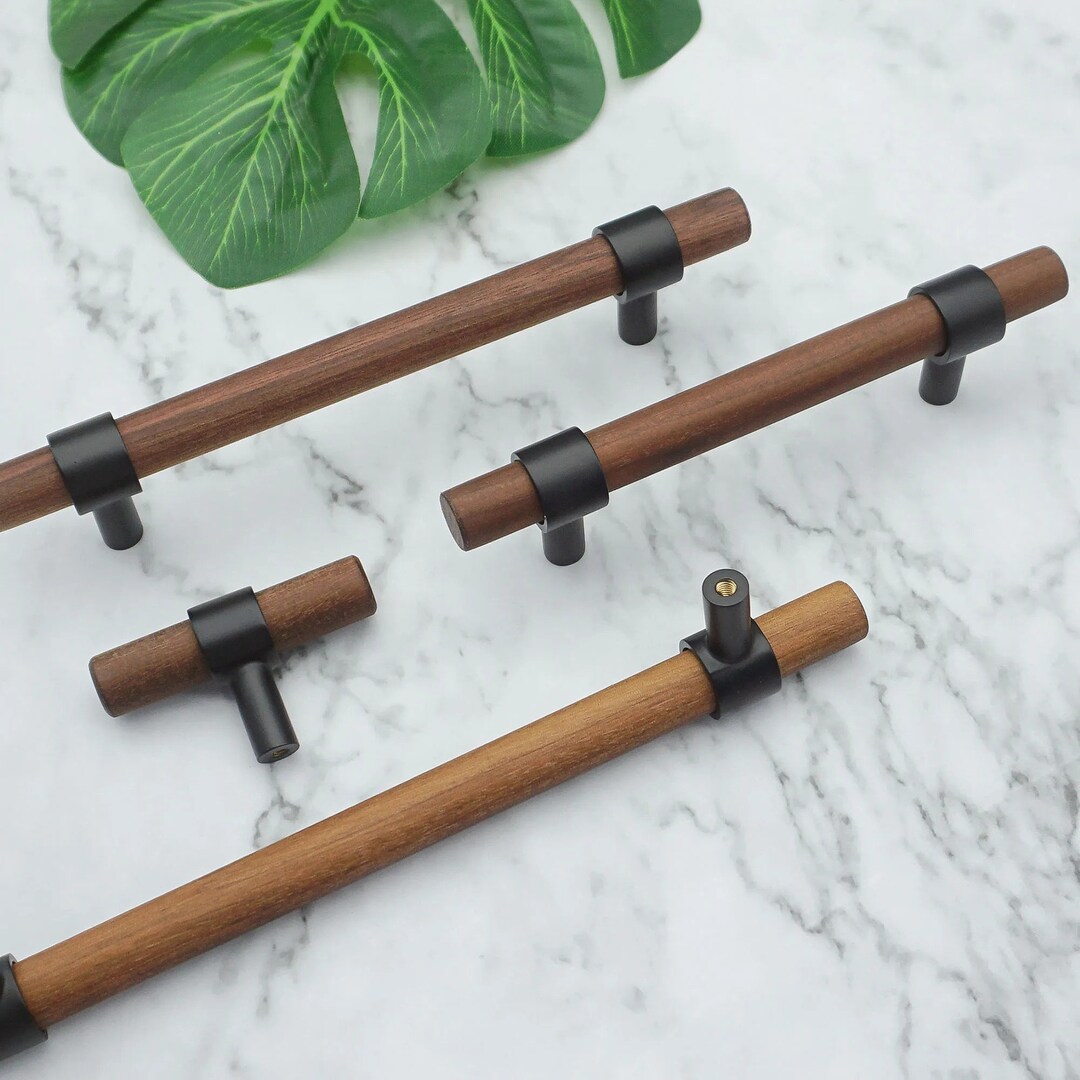 Wood Cabinet Pulls, Black Cabinet Hardware, Wood and Brass Cabinet ...