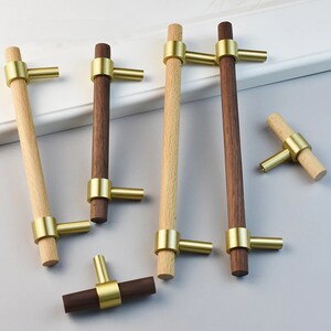 Wood Cabinet Pulls, Beech Wood Handles, Brass Cabinet Pulls, Wood ...