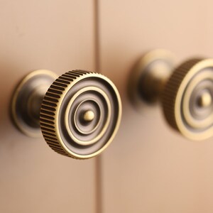 Antique Brass Drawer Knob With Lined Detail, Solid Brass Cabinet Hardware, Bronze Dresser Knobs ...